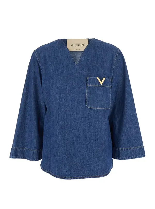 Valentino Garavani V-neck Cotton Blouse With Vlogo Plaque - Multicolor