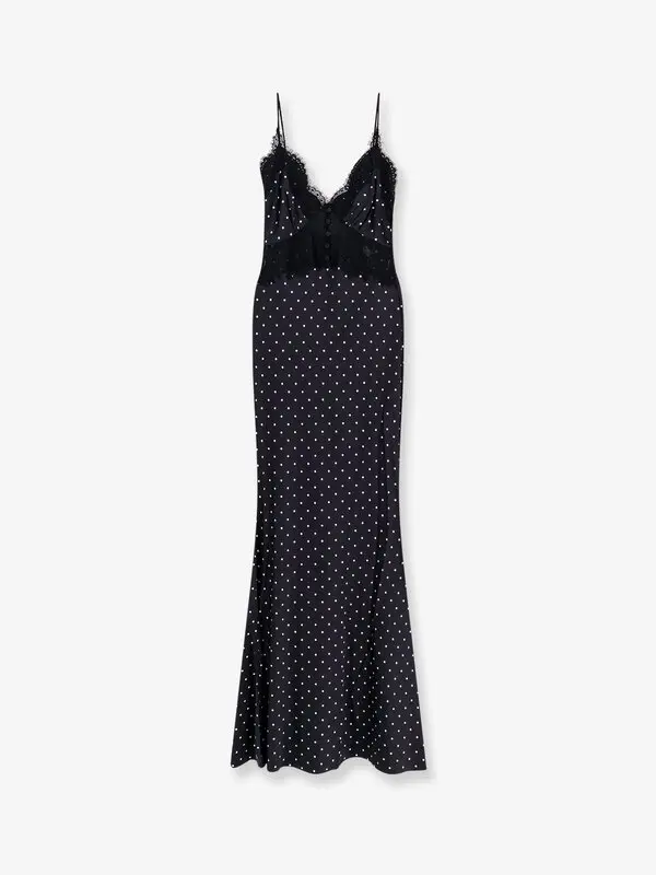 SELF-PORTRAIT Polka Dot Lace Trimmed Satin Maxi Dress