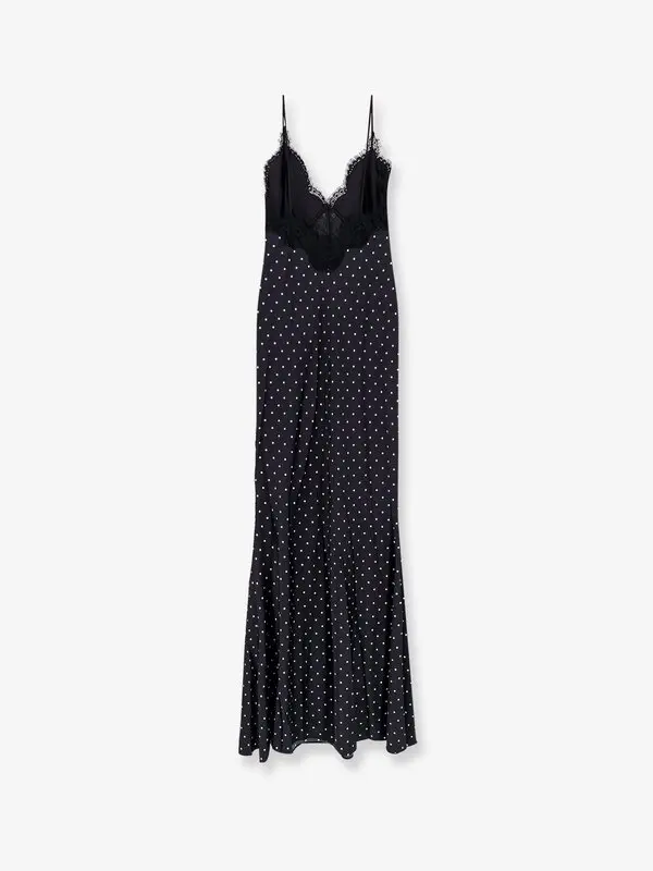 SELF-PORTRAIT Polka Dot Lace Trimmed Satin Maxi Dress