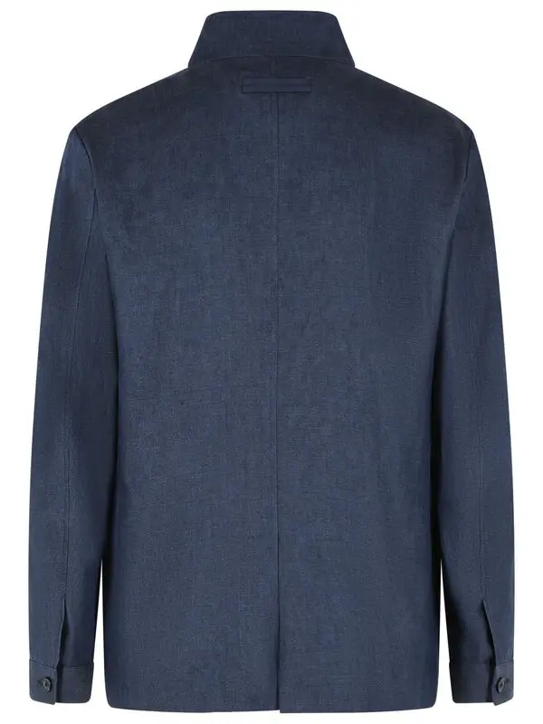 Zegna Linen Jacket With Band Collar - Blue