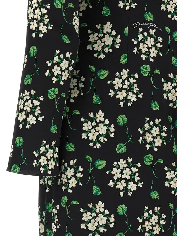 Dolce & Gabbana Flower Print Silk Charmeuse Midi Dress - Black