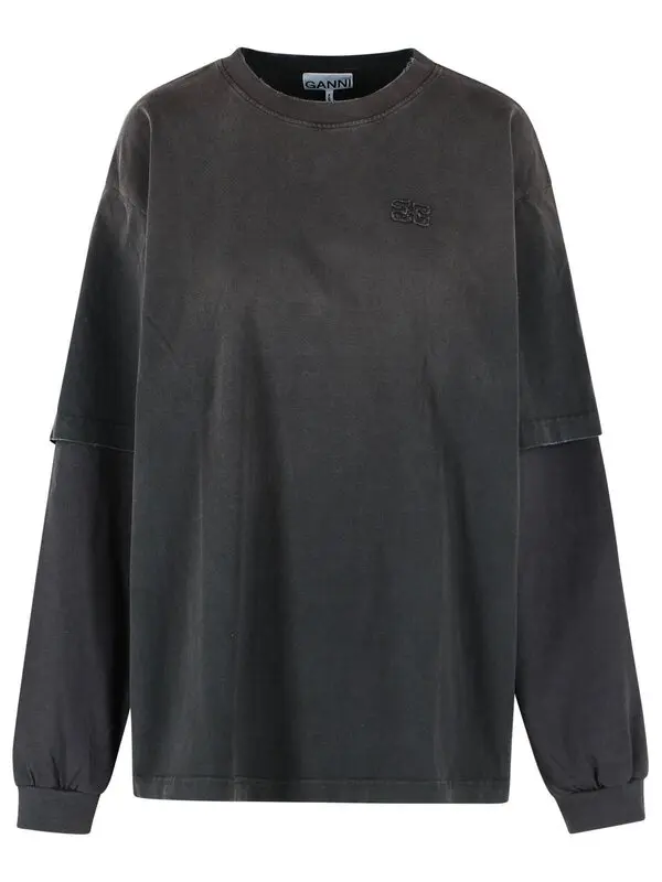 GANNI Long Sleeve Cotton T-shirt - Gray