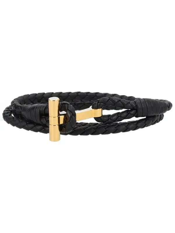 TOM FORD Braided Leather Bracelet With Gold Tone Clasp - Black