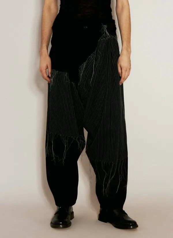 Yohji Yamamoto Wool Twill Draped Pants With Embroidery - Black