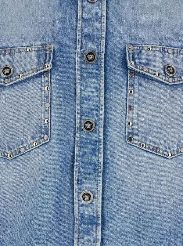 Versace Light Blue Shirt With Classic Collar And Two Patch Pockets On The Front In Denim For - Multicolor