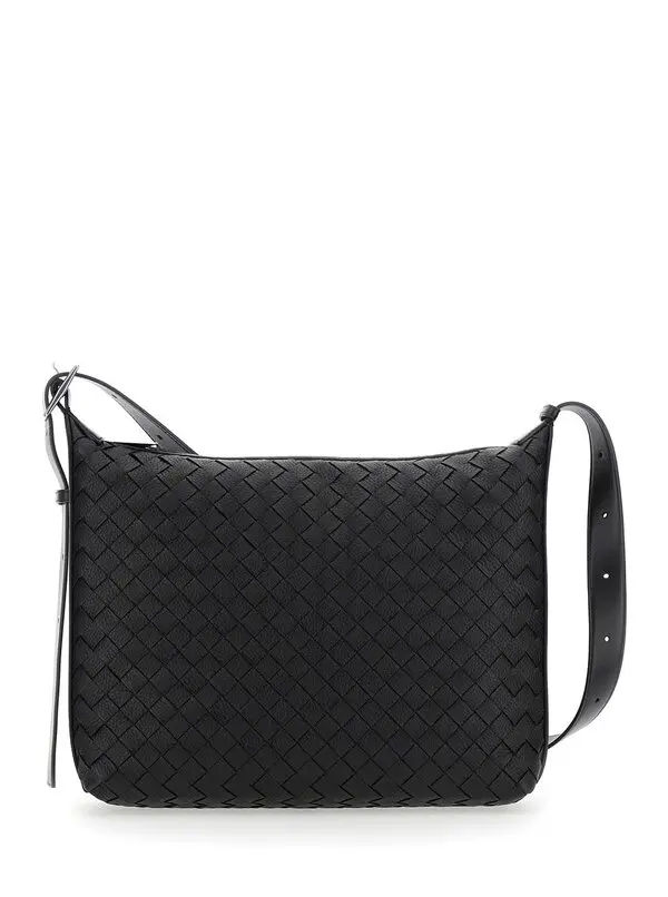 Bottega Veneta Black Leather Crossbody Bag With Intreccio Motif - Multicolor