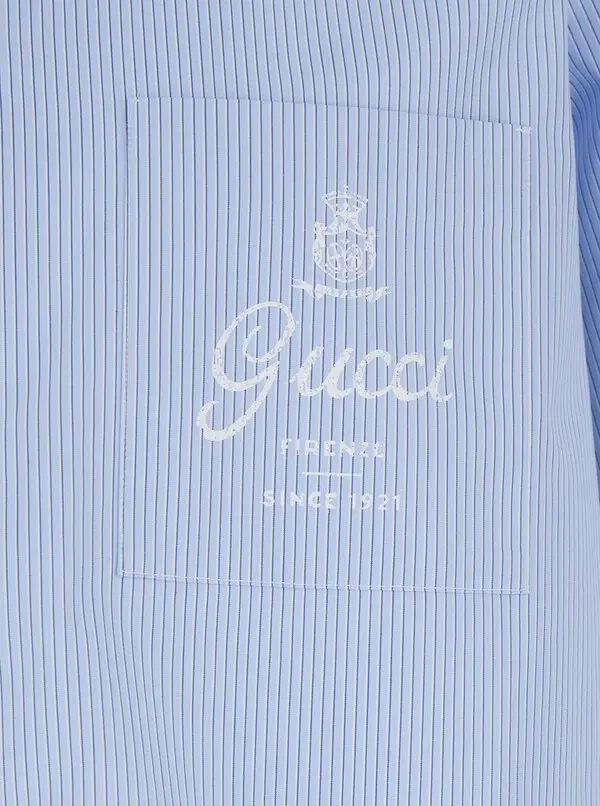 Gucci Light Bowling Shirt With Logo Embroidery On The Front And All-over Stripe Motif In For - Blue