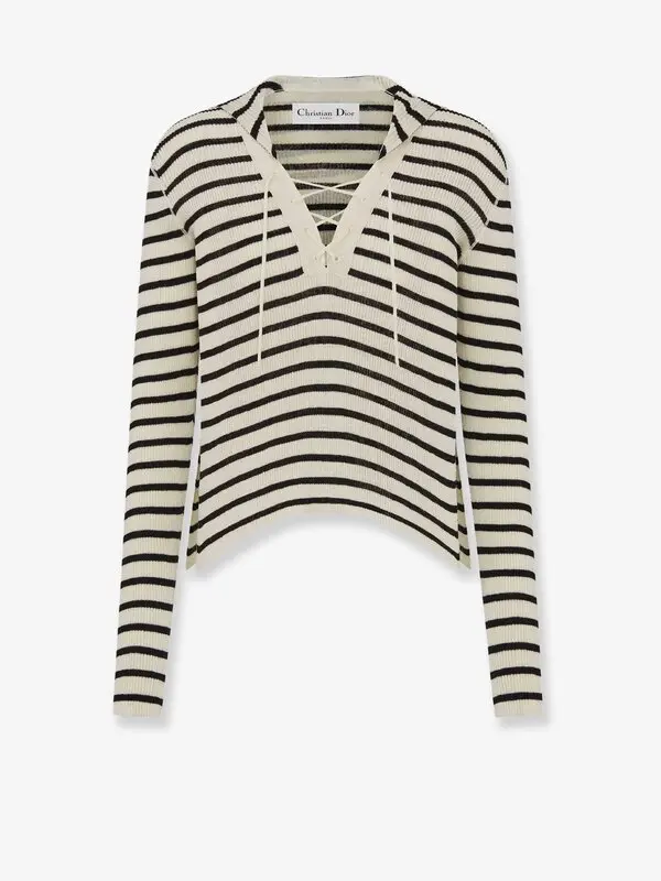 Dior Striped Linen And Silk V-neck Sweater With Lace Detail - Multicolor