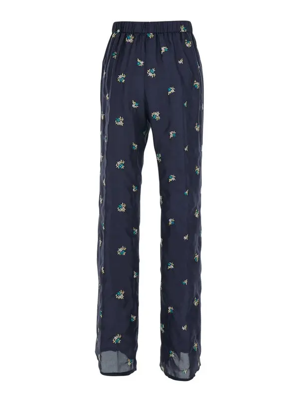 FORTE_FORTE Blue Silk Flared Pants With Floral Embroidery - Multicolor