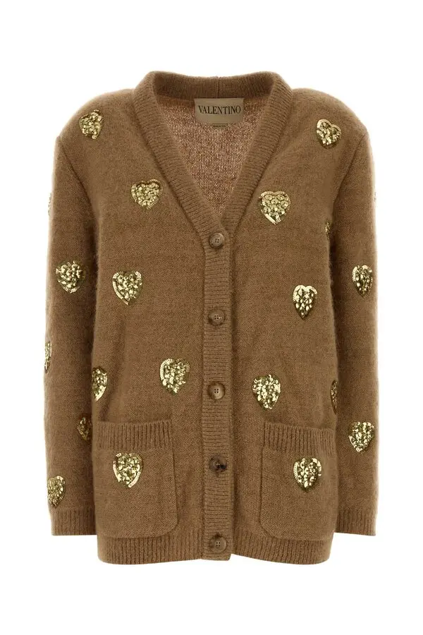Valentino Garavani Camel Mohair Blend Oversize Cardigan With Heart Embellishments