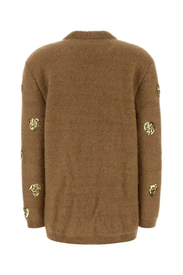 Valentino Garavani Camel Mohair Blend Oversize Cardigan With Heart Embellishments