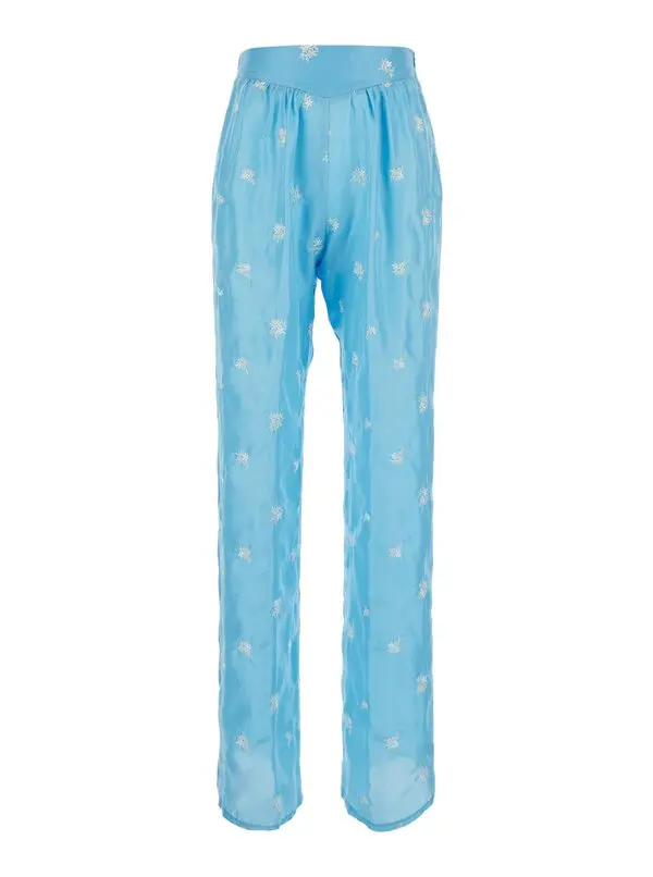 FORTE_FORTE Petite Fleurs Embroidery Silk Flared Pants - Blue