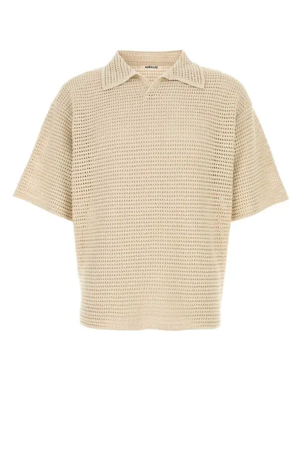 Auralee Sand Crochet Tussah Polo Shirt