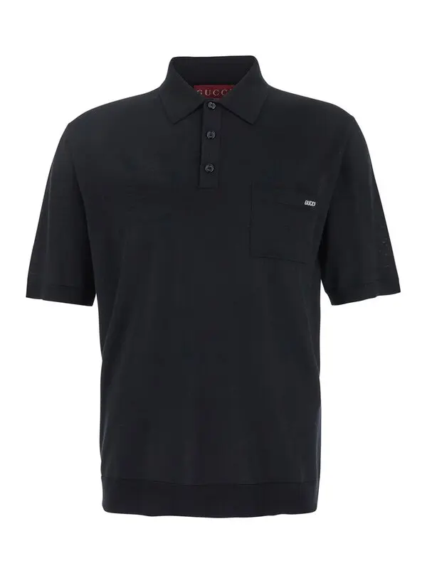 Gucci Black Polo Shirt With Chest Pocket And Embroidered Logo On The Front In Fine Silk Knit - Multicolor