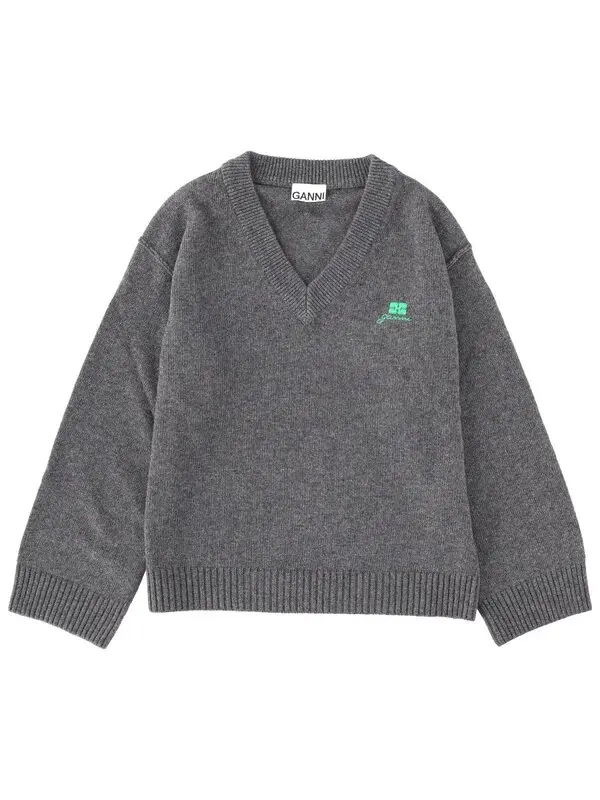 GANNI Oversize V-neck Logo Sweater - Gray