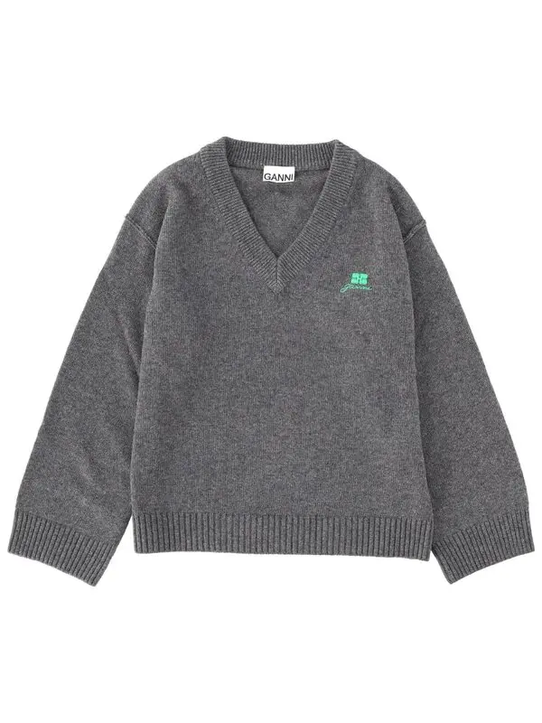 GANNI Oversize V-neck Logo Sweater - Gray