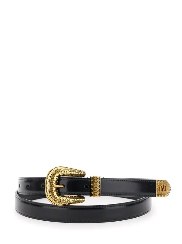 Valentino Garavani Black Leather Belt With Embossed Details - Multicolor