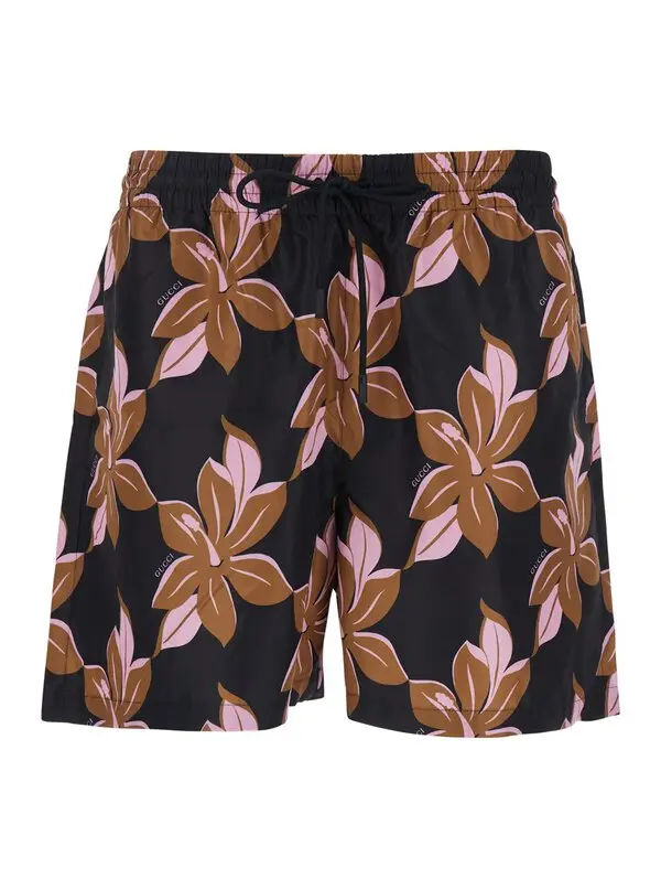 Gucci Tech Fabric Swimsuit With All-over Floral Print And Drawstring Waist - Multicolor