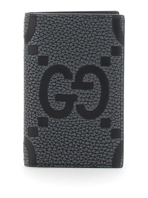 Gucci Jumbo' Grey Card Holder With Maxi Double G Logo On The Front In Grained Leather - Multicolor