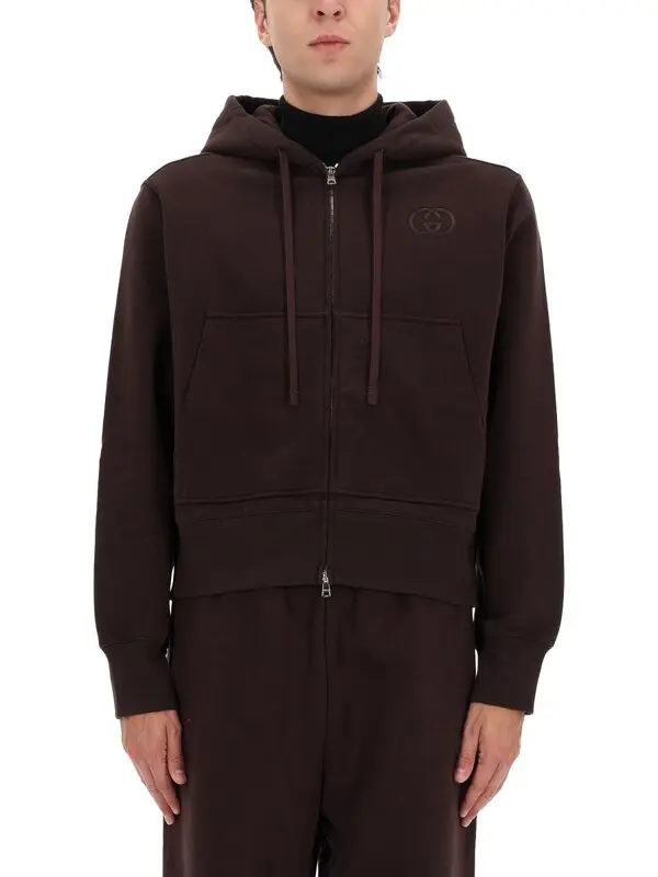 Gucci Embroidered Logo Zip-up Hoodie - Brown