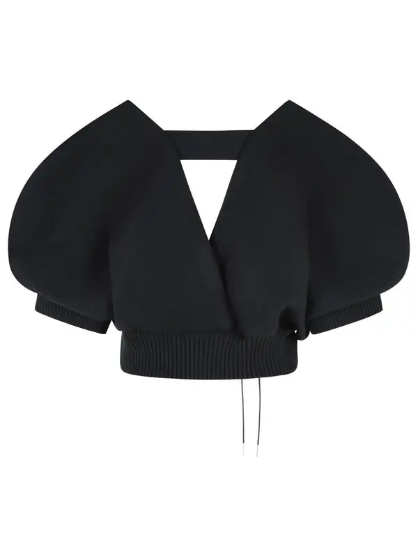 Sacai Cashmere Blend Top With Ribbed Trims And Front Laces