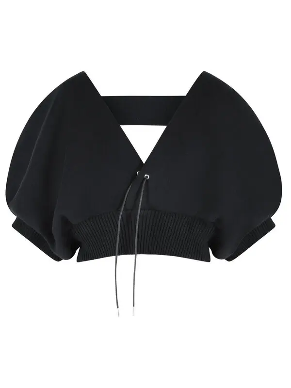 Sacai Cashmere Blend Top With Ribbed Trims And Front Laces - Black