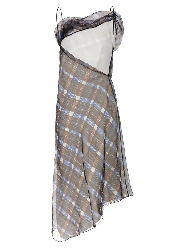 FERRAGAMO Asymmetrical Check Print Organza Dress