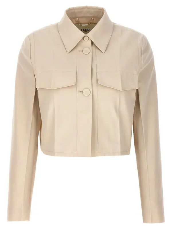 Fendi Tailored Crop Jacket In Wool And Cotton Gabardine - Cream