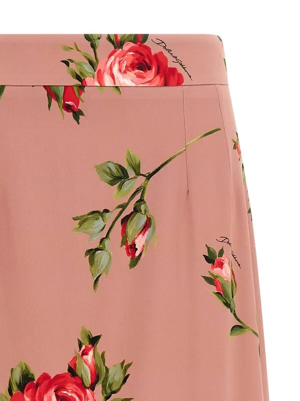Dolce & Gabbana Bouquet Rose Print Silk Midi Skirt - Pink