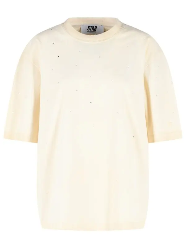 GOLDEN GOOSE Star" Ivory Cotton T-shirt With Rhinestone Appliqués - Cream