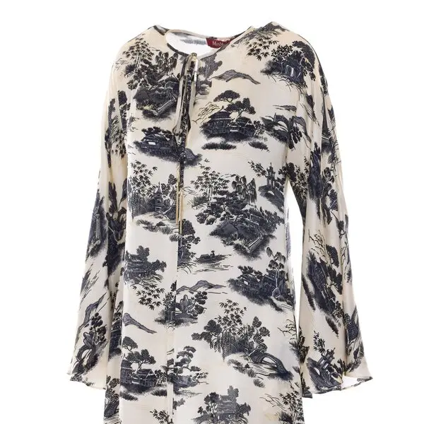 Max Mara Alga Silk Printed Long Sleeve Maxi Dress