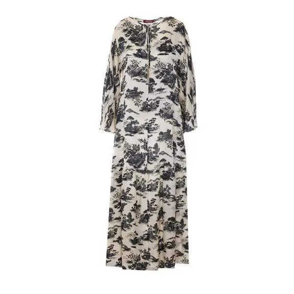 Max Mara Alga Silk Printed Long Sleeve Maxi Dress - Black
