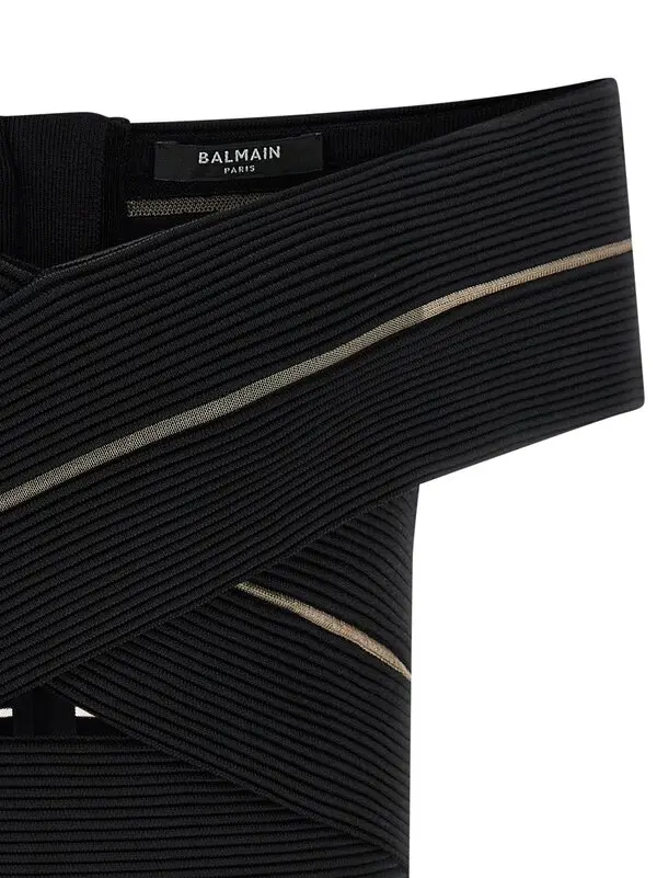 Balmain Off-the-shoulder Stretch Viscose Top With Mesh Inserts - Black