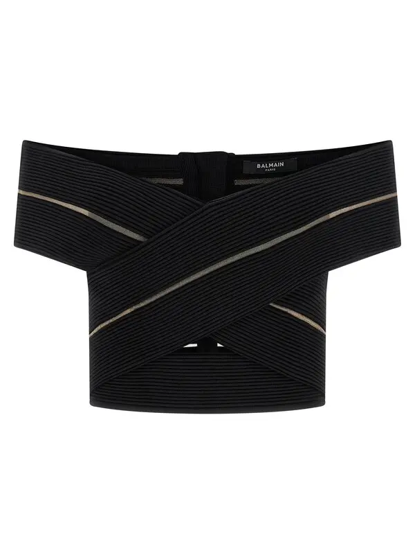 Balmain Off-the-shoulder Stretch Viscose Top With Mesh Inserts - Black