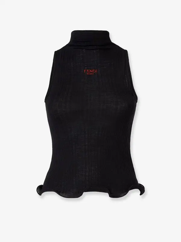 Fendi Ribbed Virgin Wool Turtleneck Sleeveless Top - Black