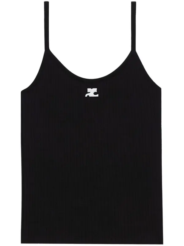 COURREGES Ribbed Knit Top With Logo Patch - Black
