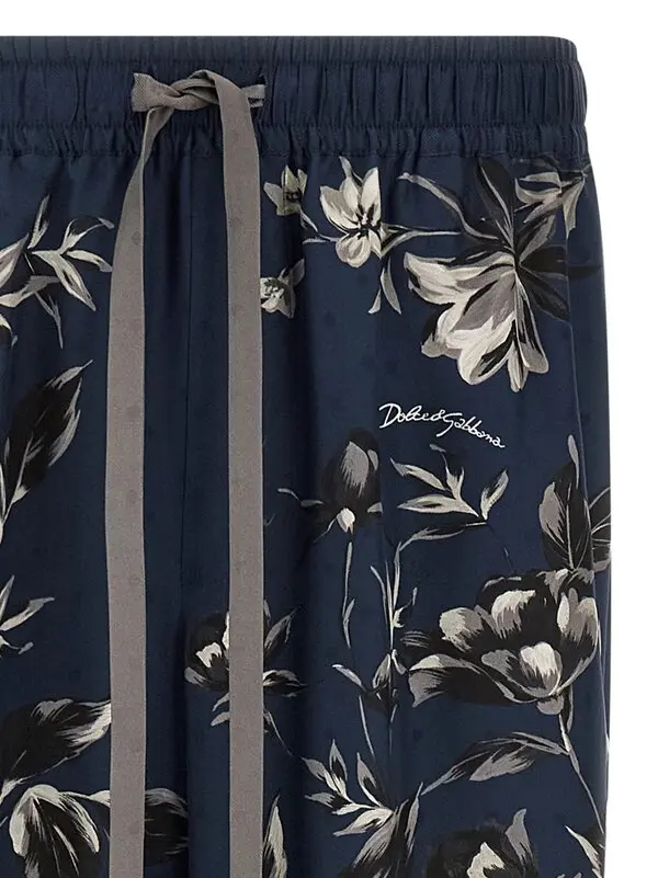 Dolce & Gabbana Peonie' Print Silk Twill Pants - Blue