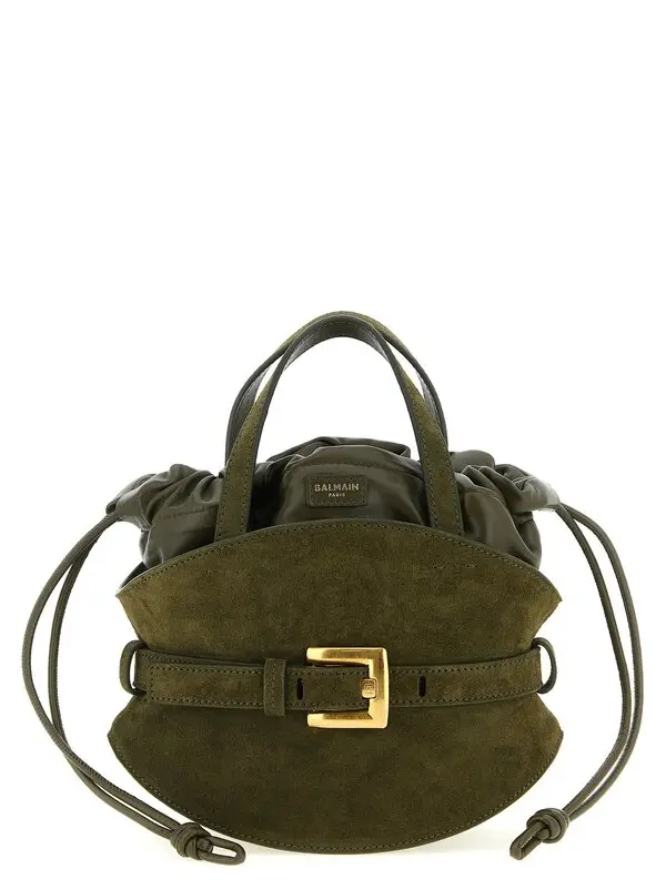 Balmain Mini Suede And Leather Handbag With Anthem Buckle - Green