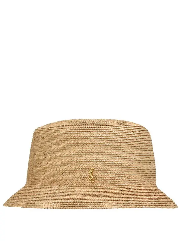 Saint Laurent Straw Bucket Hat With Cassandre Pin - Multicolor