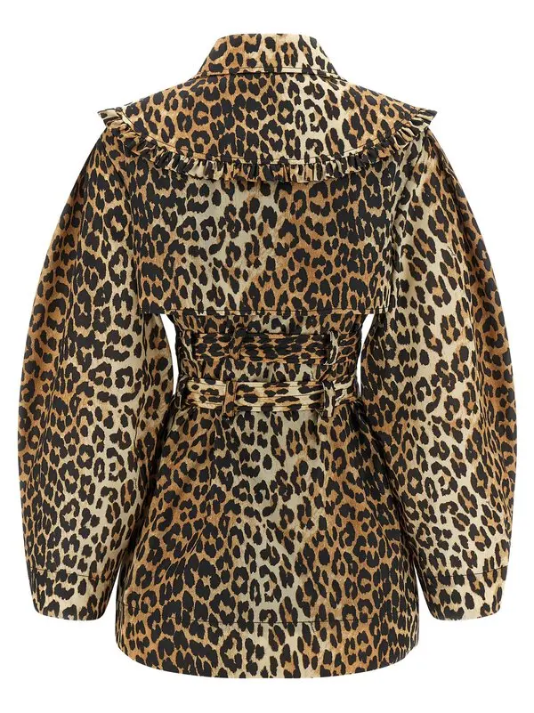 GANNI Leopard Duchesse Nylon Short Trench Coat - Brown