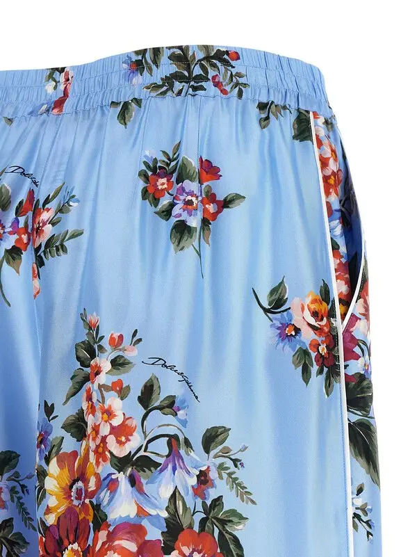 Dolce & Gabbana Mazzo Di Fiori" Print Silk Twill Wide Leg Trousers - Blue
