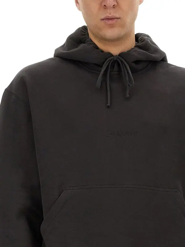Saint Laurent Logo Embroidered Hooded Sweatshirt - Gray