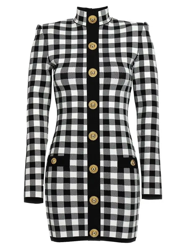 Balmain Vichy Knit Dress With High Neck And Long Sleeves