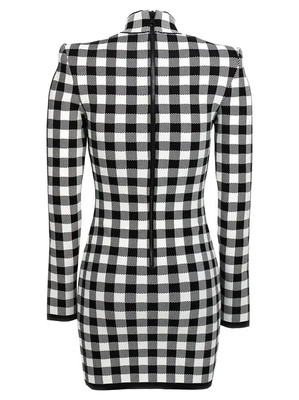 Balmain Vichy Knit Dress With High Neck And Long Sleeves