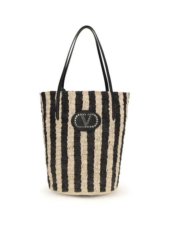 Valentino Garavani Striped Raffia Bucket Bag - Black