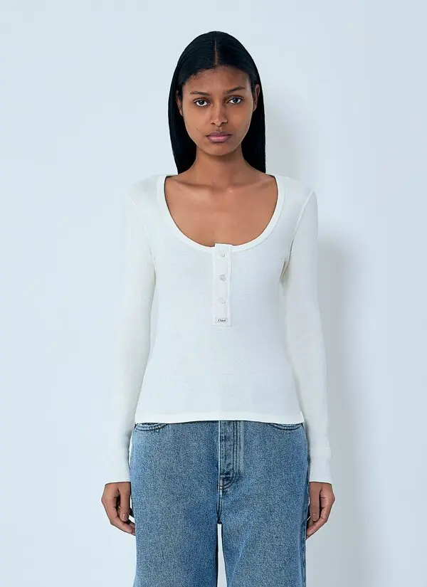 Chloé Ribbed Long Sleeve Henley T-shirt - White
