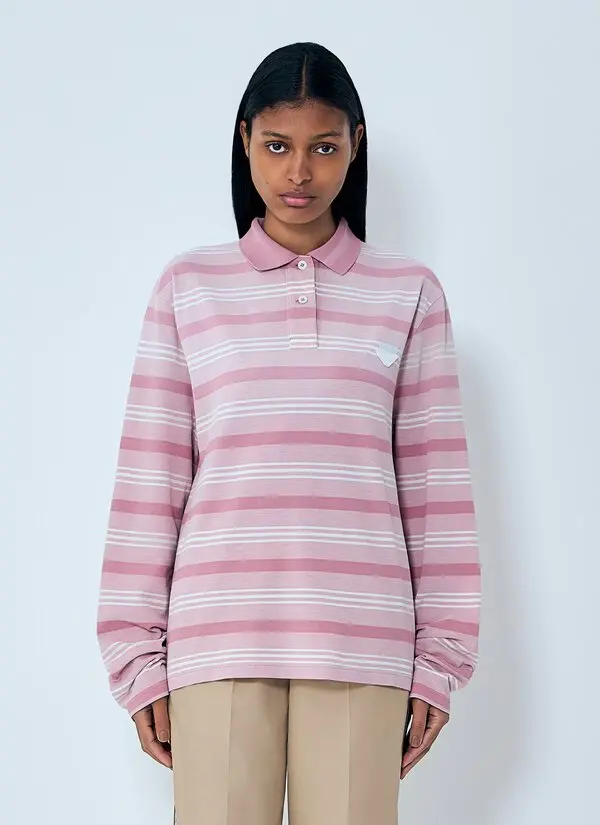 Prada Striped Long Sleeve Piqué Polo Shirt - Gray