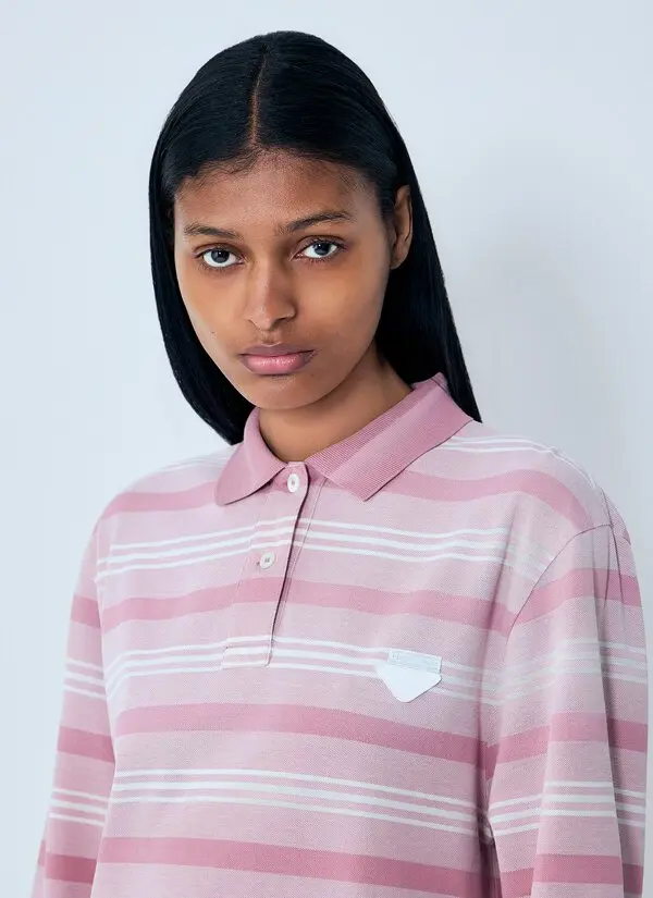 Prada Striped Long Sleeve Piqué Polo Shirt - Gray
