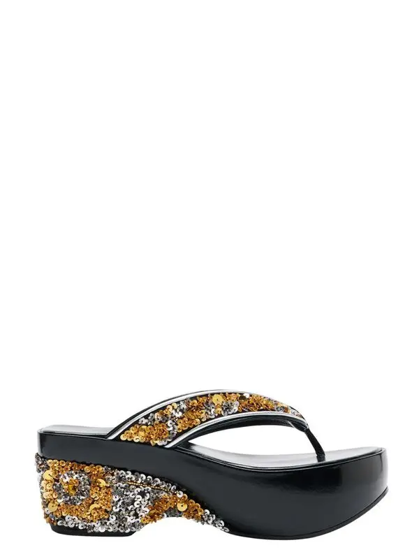 Dries Van Noten Sequined Wedge Flip-flop Sandals - Black