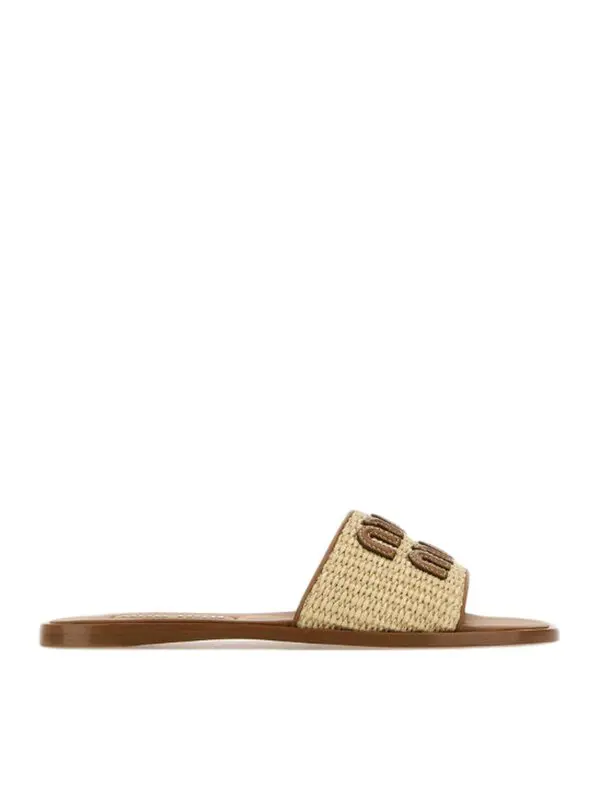 Miu Miu Raffia And Leather Lettering Slippers - Multicolor